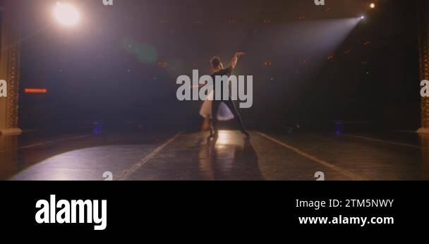 Static full shot of ballet dancers practicing graceful ballet movements ...