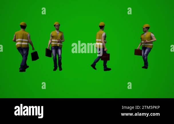 3D several architects and construction workers green screen walking and ...