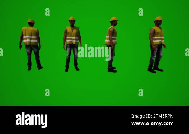 3D several different factory workers green screen background talking ...