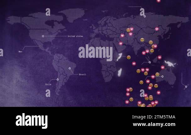 Animation of heart and emoticons over multiple texts and map against ...