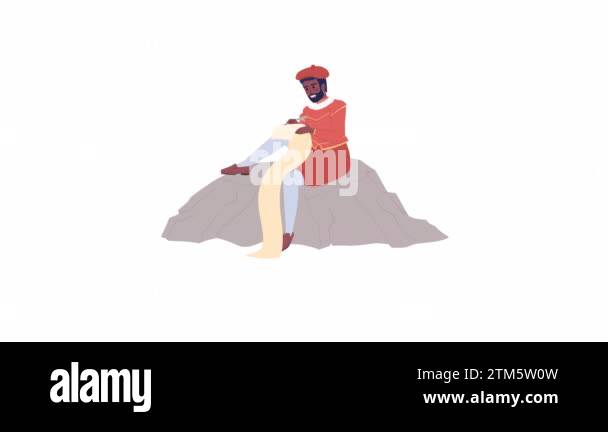 Animated old time man with scroll. Royal medieval poet writing on ...