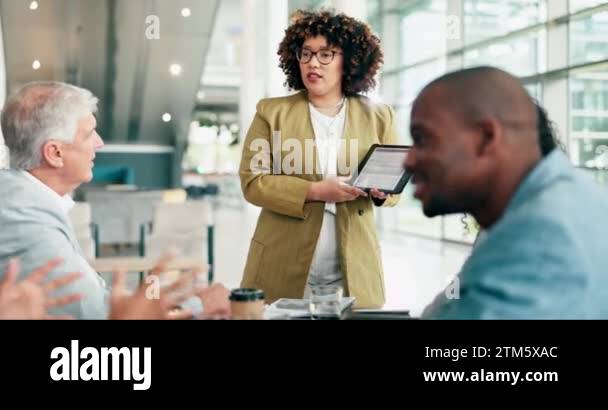 Business woman, tablet and presentation screen and meeting for clients ...