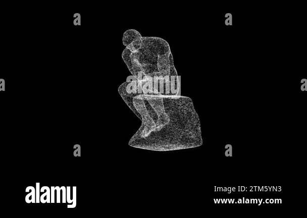 3D statue of a thinker rotates on black bg. Object dissolved white ...