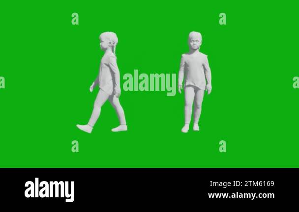 3D European boy walking green screen with two different views without ...