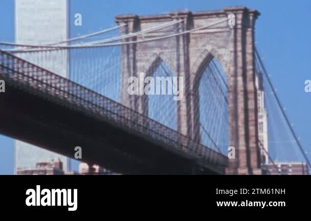 Brooklyn Bridge in 1970s details. New York Manhattan skyscrapers and ...