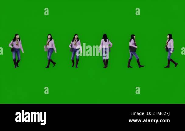 European woman green screen walking store with big bag six different ...