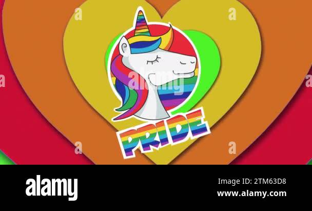 Animation of pride text over unicorn and rainbow heart background ...