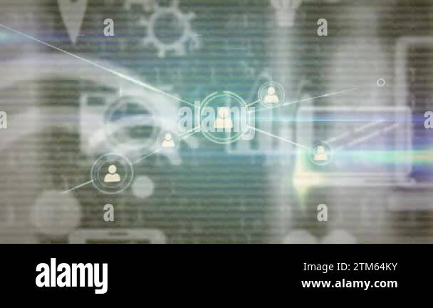 Animation of connected profile icons over computer icons and binary ... Animation of connected profile icons over computer icons and binary ...
