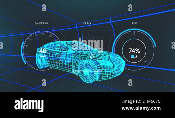 Animation of grid patterned car with speedometer and numbers in circles ...