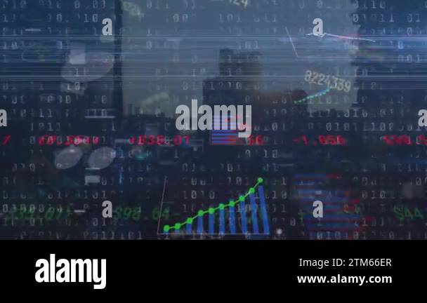 Animation of trading board with binary codes over multiple graphs against silhouette of ...