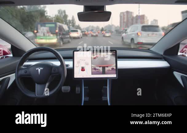 Kyiv, Ukraine. Aug. 2021. Futuristic Tesla vehicle with autonomous ...