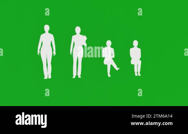 2D animation four different white women sitting and standing green ...