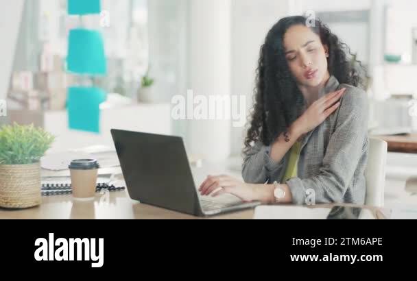 Shoulder pain, office and business woman with laptop with strain, joint ...
