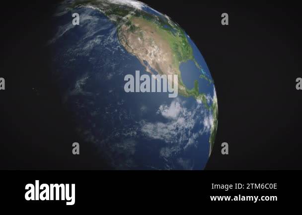 Fly high above Earth surface. Rotating planet surrounded by digital ...