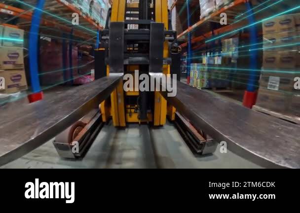 Modern forklift in a warehouse. Visualization of modern technologies. Forklift in a large modern ...