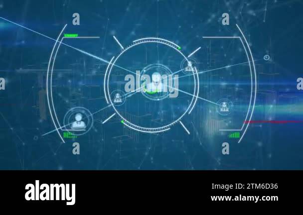 Animation of profile icons connecting with lines with scanner over 3d model of cityscape ...