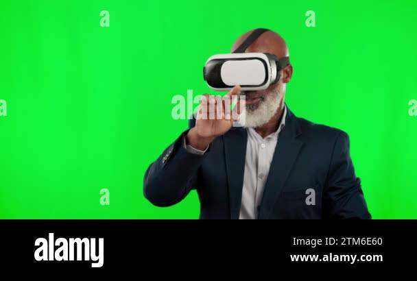 VR, green screen and black man isolated on studio background metaverse ...