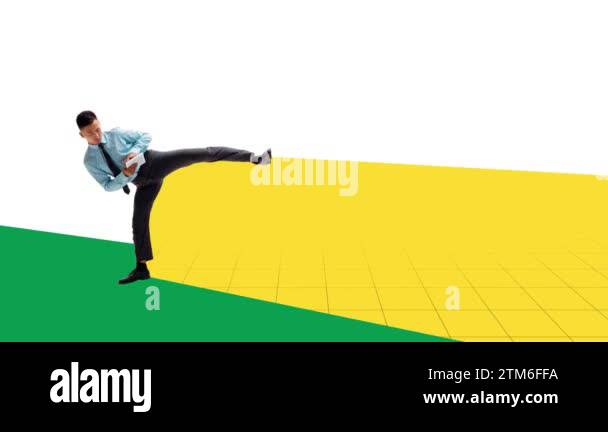 Stop motion, animation. Conceptual art. Businessman, employee in leg ...