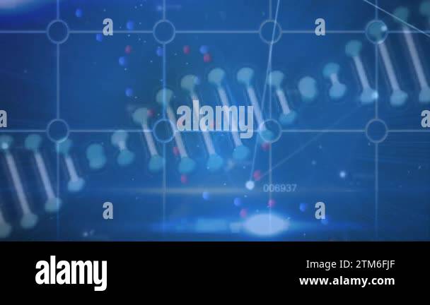 Animation of white particles and spinning dna structure over grid network against blue ...