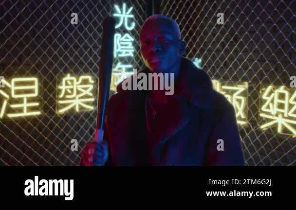 Waist-up portrait of young Black cyberpunk man with white hair in fur ...