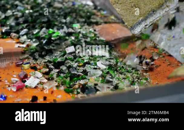 Process of sorting glass garbage on a vibrating conveyor belt at waste ...