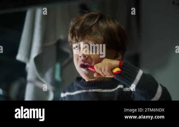 Small boy brushing teeth at night routine before bed. Kid in front of bathroom mirror brushes ...