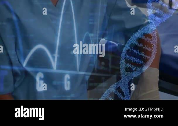 Animation of dna helix and graph over caucasian female surgeon standing ...