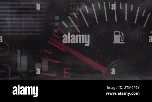 Animation of speedometer over infographic interface against rain and lightning in cloudy sky ...