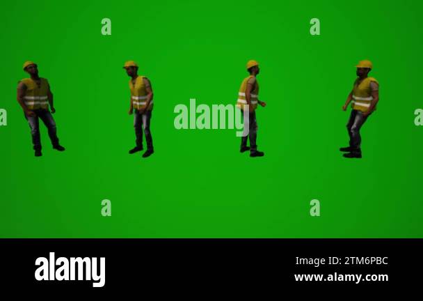 3D several different factory workers green screen background talking ...
