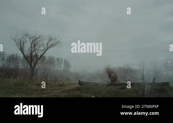 Side view long slowmo of people wearing Red Army uniforms taking part ...