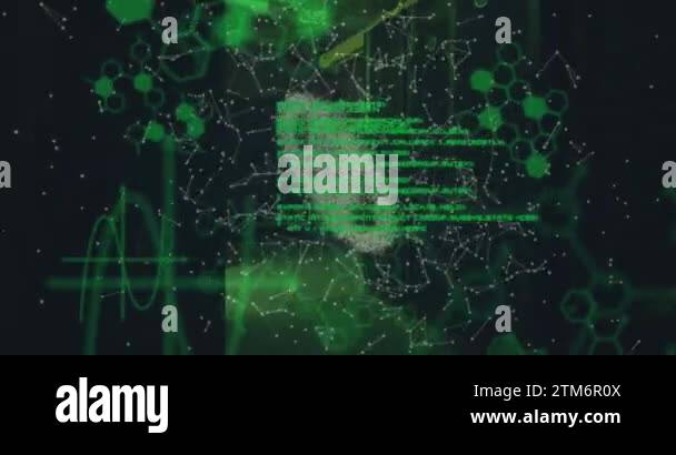 Animation of connected dots forming male symbol over computer language, shapes, molecule ...