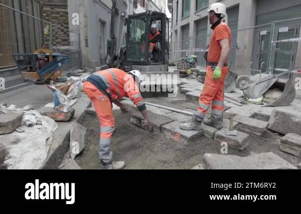 Europe, Italy , Milan 2023 - Construction site with road reconstruction ...
