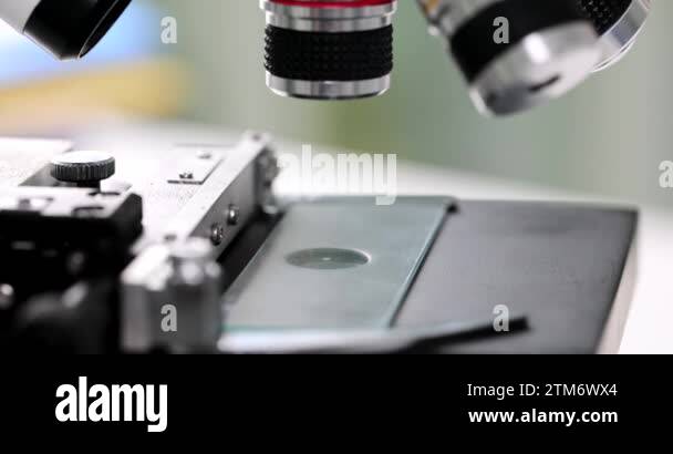 Research microscope with glass in laboratory closeup. Laboratory and ...