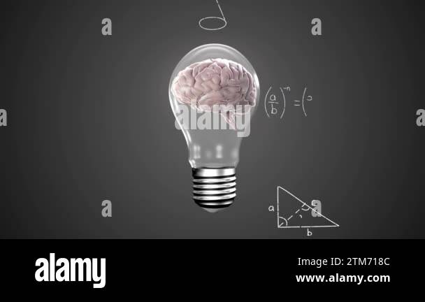 Animation of human brain in light bulb over mathematical equation and ...