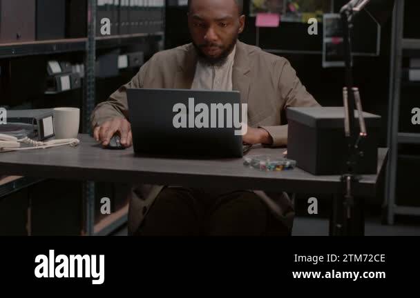 Professional inspector studying crime scene clues, examining ...