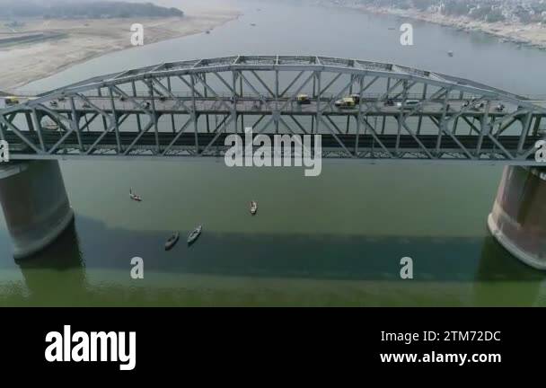 Arial Footage of Double Decker Bridge Over the Ganges at Varanasi. It ...