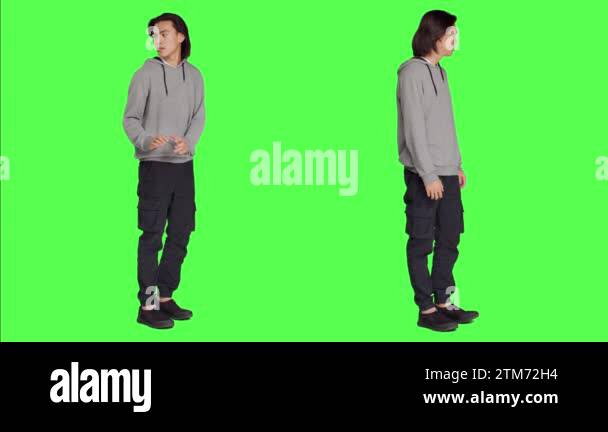 Person pretending to push thing aside, expressing rejection or denial ...