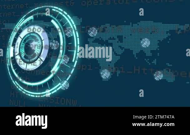 Animation of neon round scanner and data processing over world map against blue background ...