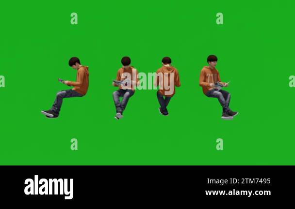 3D high school boy green screen reading book at school 4 different ...