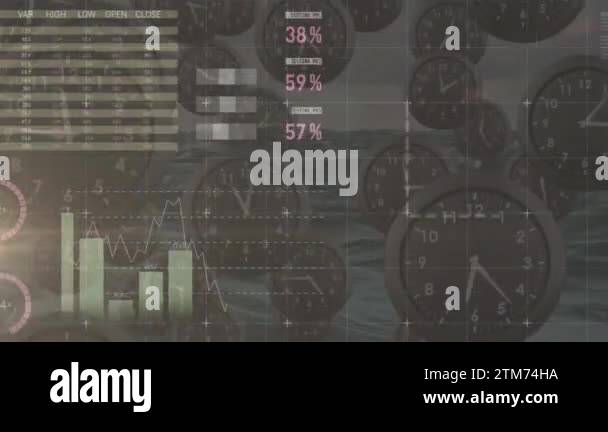 Animation of infographic interface over falling clocks against sea in background. Digital ...