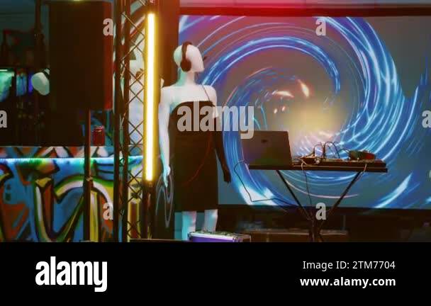 Empty club stage with DJ station used for live electronic music at ...