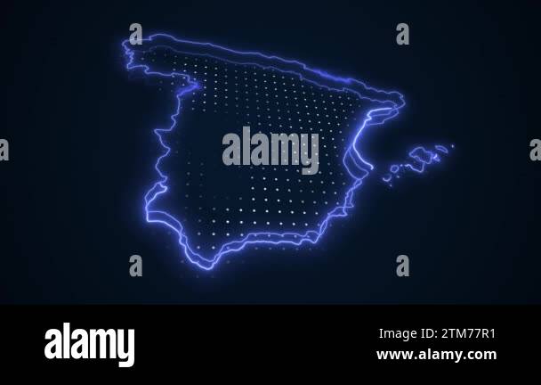 Neon Blue Spain Map Borders Outline Loop Background. Neon Blue Colored ...