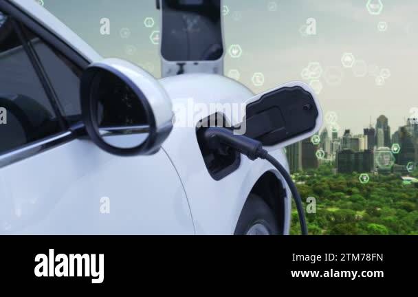 Progressive green city ESG symbol background with electric vehicle, EV ...