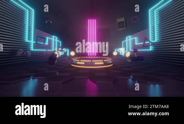 Animation of neon gaming features with stage on black background. Video ...