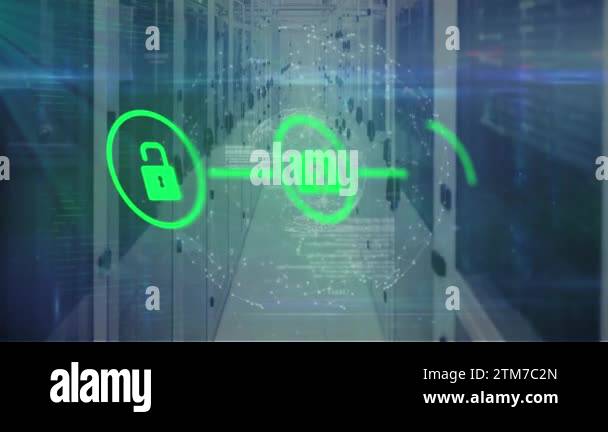 Animation of lock, camera, bulb forming flowchart over digital globe ...