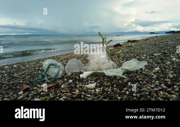Plastic trash and waste on the beach near the sea. Pollution concept ...