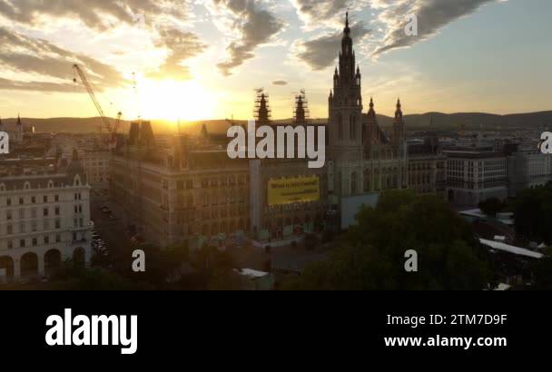 Vienna City Hall. Aerial view of Rathusplatz. Top of Rathaus in ...