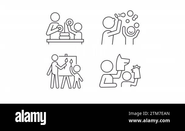 Family activities line animation set. Playing with children. Parent and ...