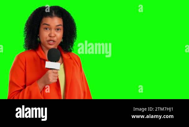 Green screen gesture, woman face and reporter talk about news, weather ...
