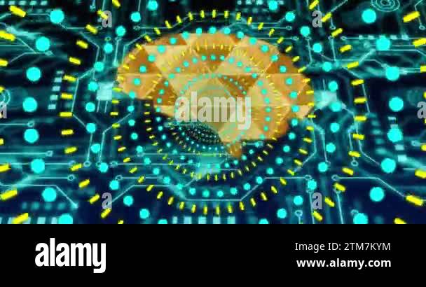 Animation of scopes, human brain and data processing over circuit board. Global data processing ...